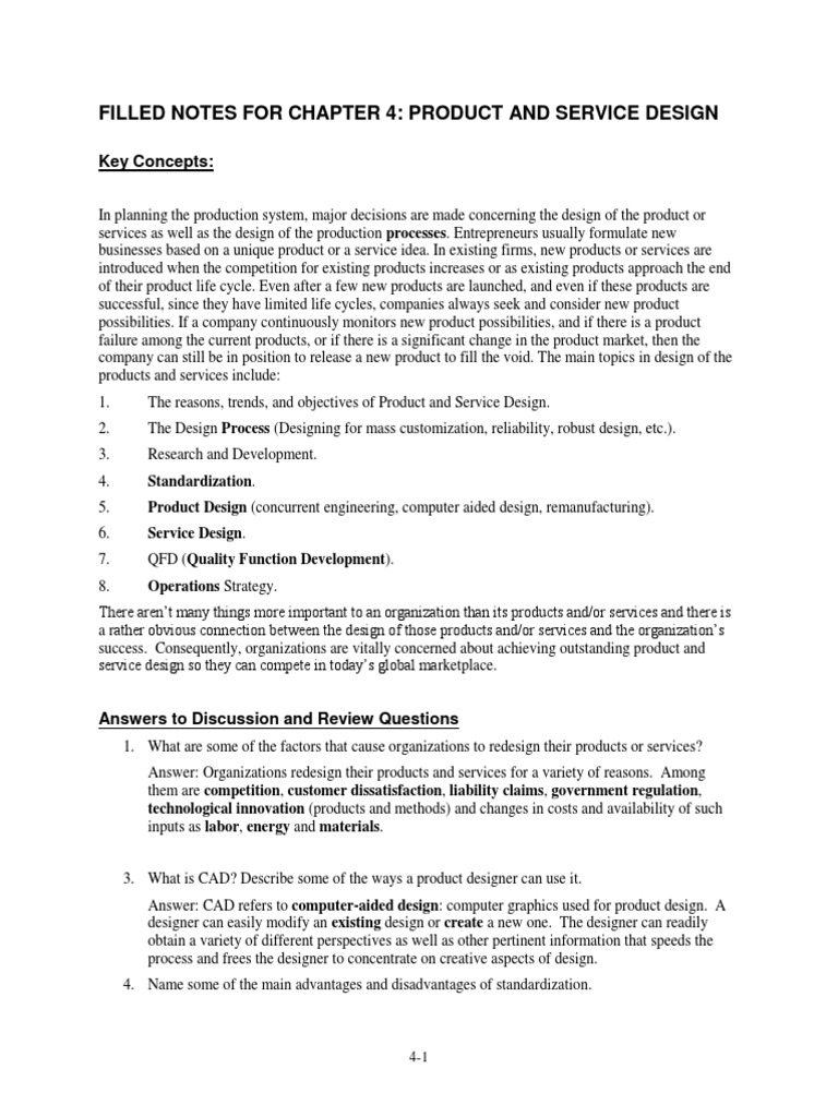 Filled Notes For Chapter 4: Product and Service Design: Key Concepts ...