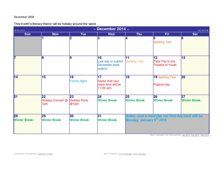 December 2014 Classroom Calendar | PDF | Poetry
