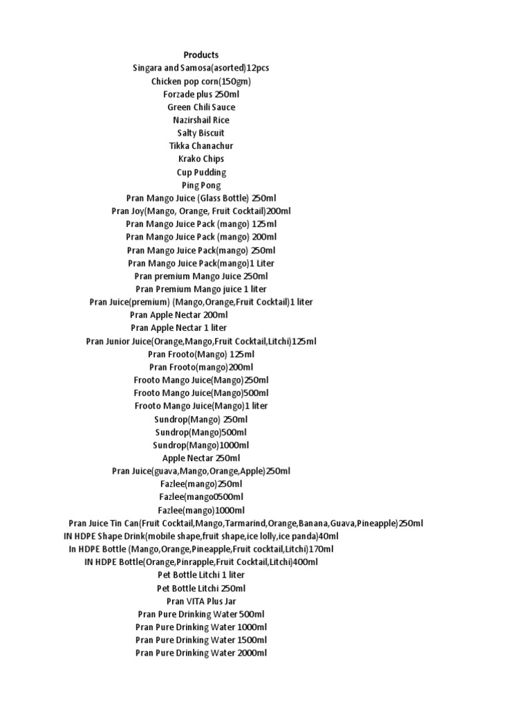 List of Pran Food Products | PDF
