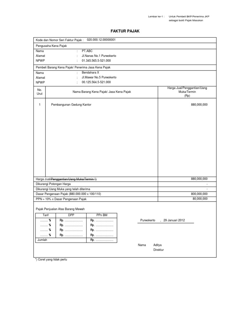 Contoh Pengisian Faktur Pajak | PDF