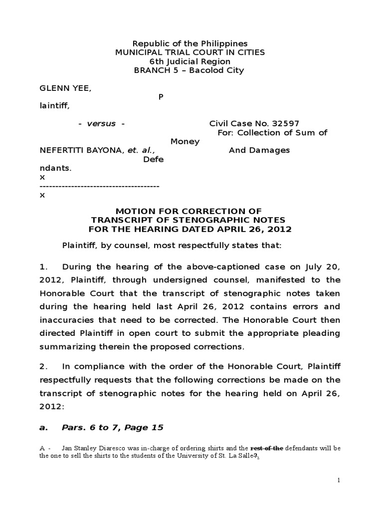 Motion For Correction of Transcript of Stenographic Notes | PDF ...