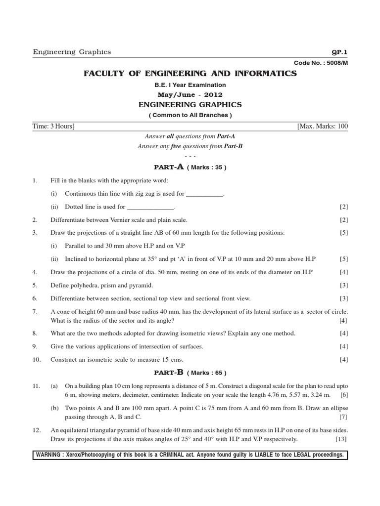 Engineering Graphics Exam Paper 2012 | PDF | Ellipse | Chimney