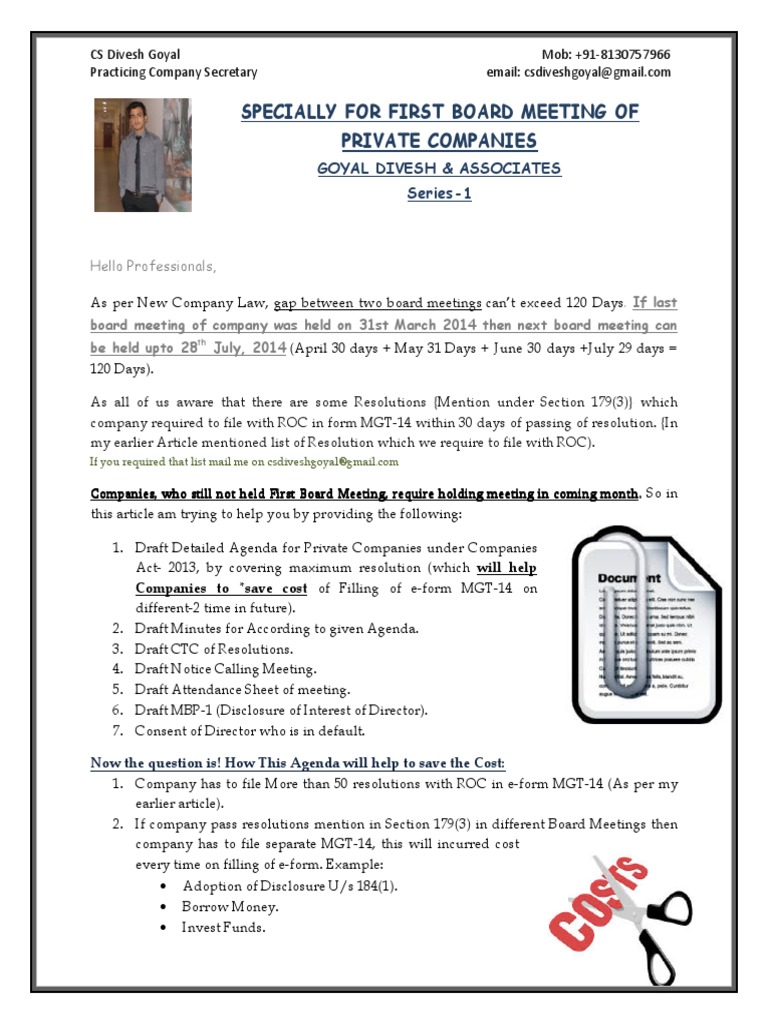 Agenda For First Board Meeting of Private Limited Companies - Series-1 ...