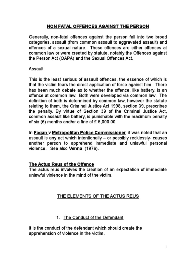 Non Fatal Offences Against the Person | Assault | Battery (Crime)