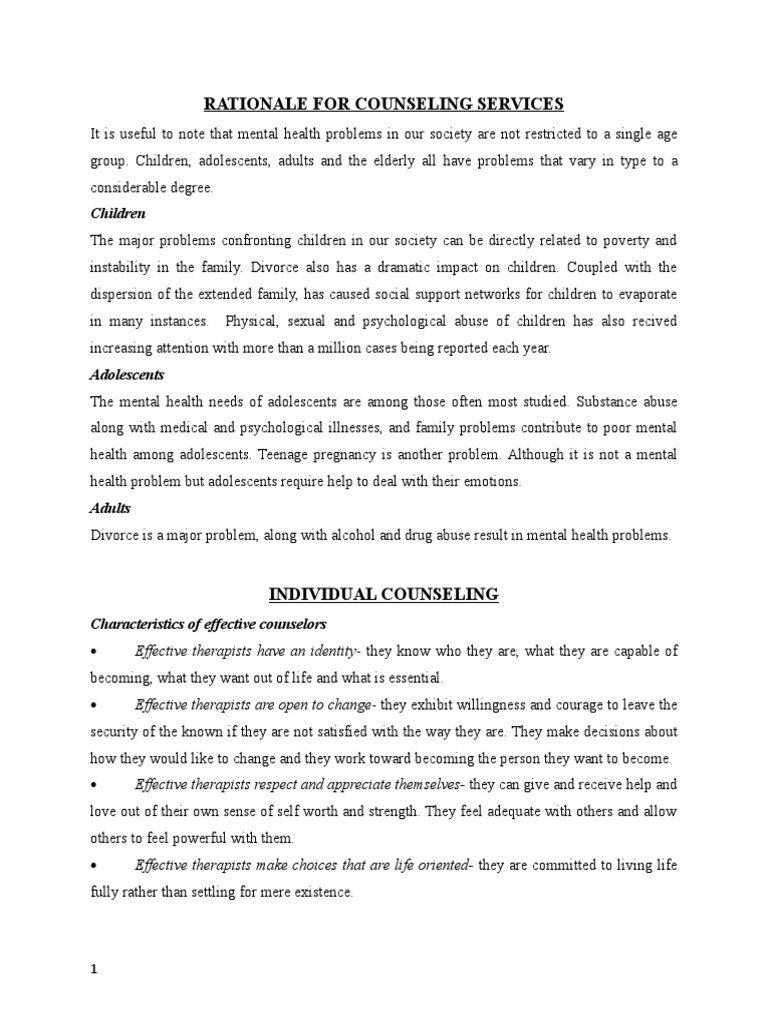 Rationale For Counseling Services | PDF | Adolescence | Psychotherapy