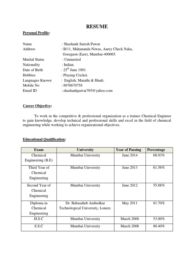 Shashank Pawar's Chemical Engineering Resume | PDF | Career & Growth