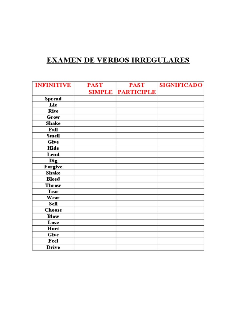 Examen De Verbos Irregulares Pdf