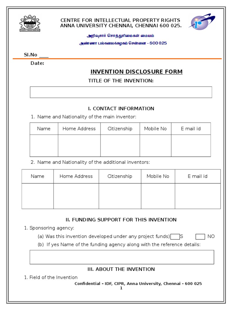 Invention Disclosure Form - Anna University | PDF | Glossary Of Patent ...