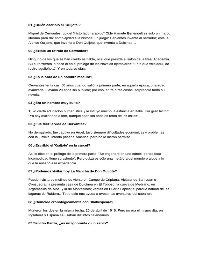 Preguntas Quijote | PDF | Don Quijote | Miguel De Cervantes