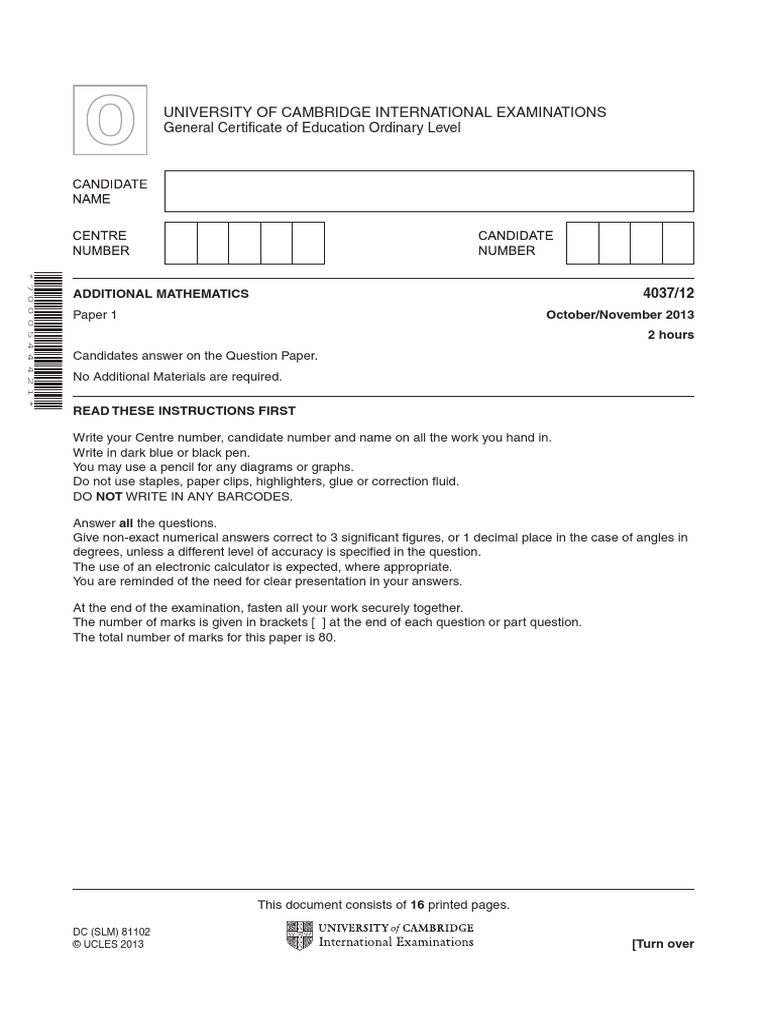 GCE O Level A.math Specimen Paper | PDF | Trigonometric Functions ...