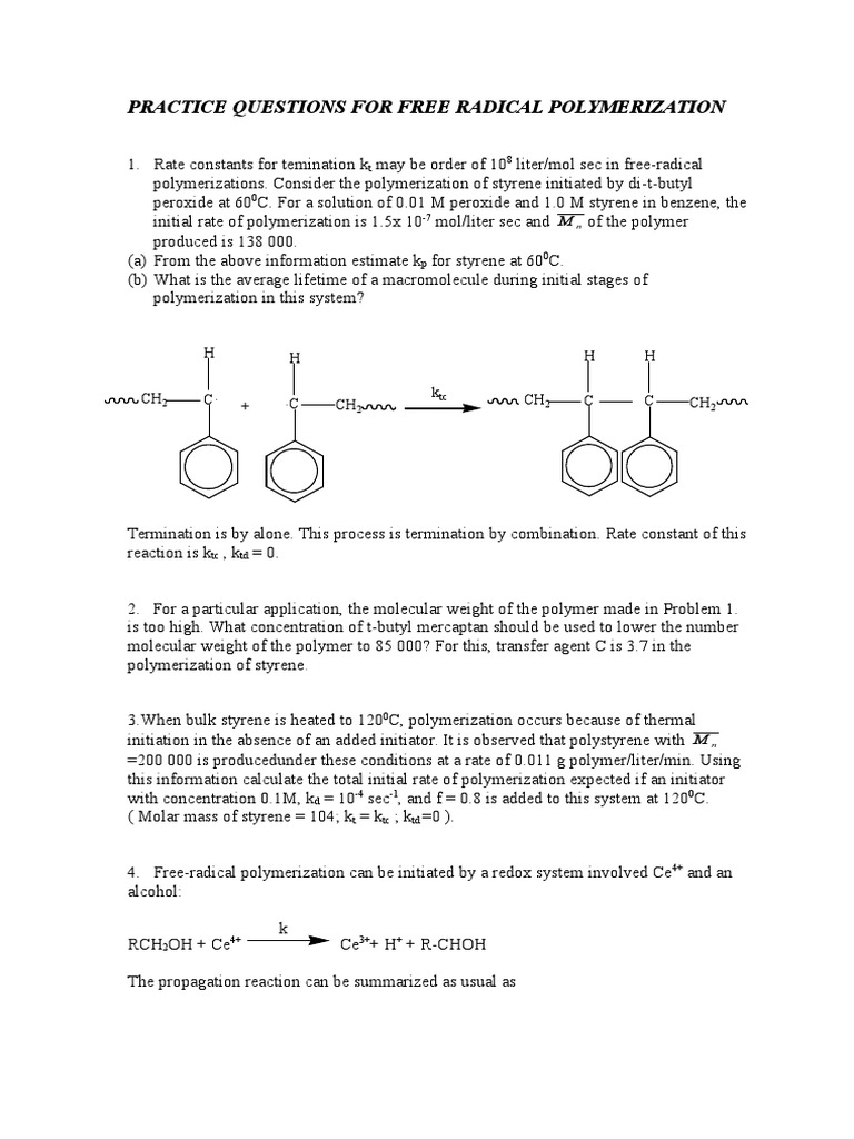 Practice Free Radical Polymerization Questions | PDF | Polymerization ...