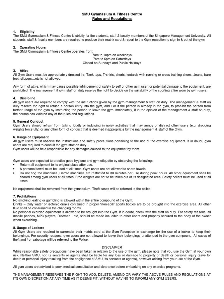 Smu Gym - Rules and Regulations | Gym | Clothing