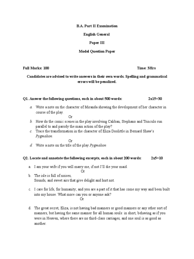 English General Paper III Model Questions | PDF | Pygmalion (Play)