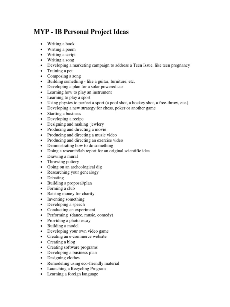 MYP - IB Personal Project Ideas | PDF