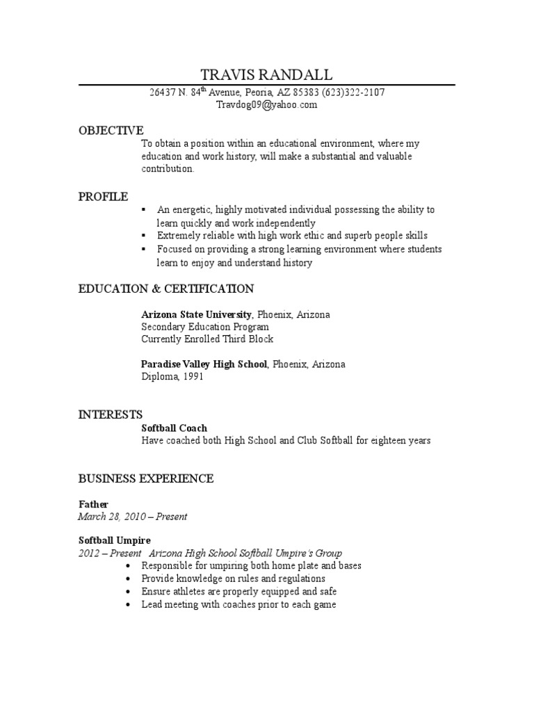 Travis Teaching Resume Fall 2014 | PDF | Softball | Baseball Field