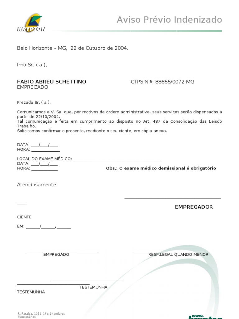 Formulário de Aviso Prévio Indenizado (RH)