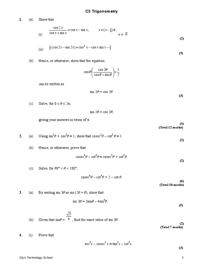 C3 Trigonometry Workbook Pdf Trigonometric Functions Sine