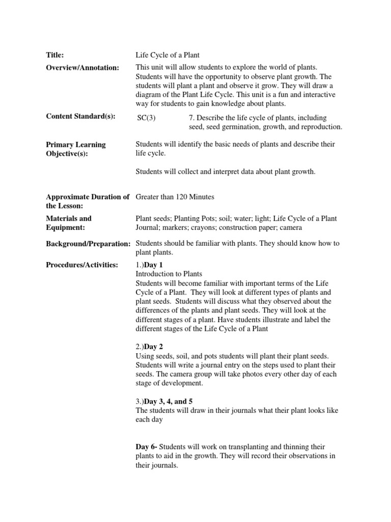 Lesson Plan For Life Cycle of A Plant | PDF | Plants | Seed