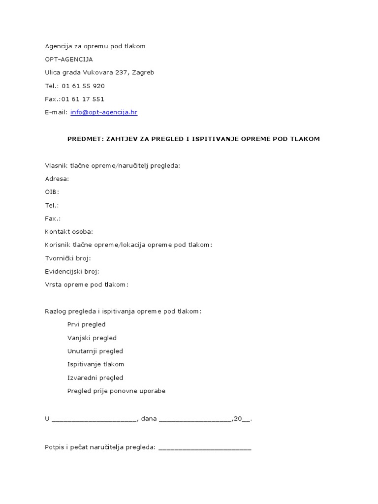 Obrazac Zahtjev Za Pregled | PDF