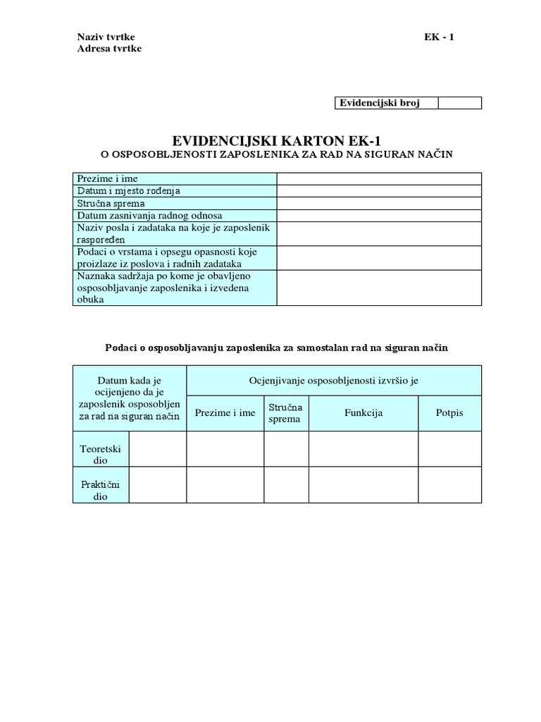 Evidencijski Karton Ek-1 | PDF