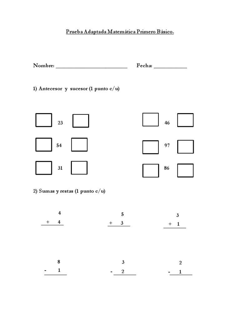 Prueba de matematica Primero Basico