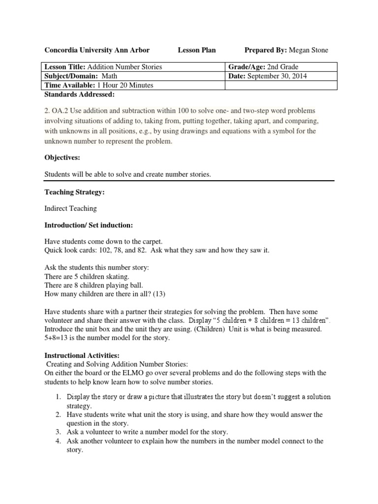 Megan Stone-Lesson 2-Addition Number Stories | PDF | Lesson Plan ...