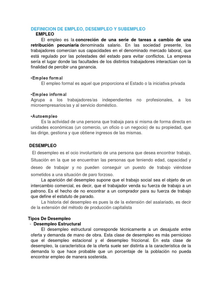 Definicion de Empleo | PDF | Subempleo | Desempleo