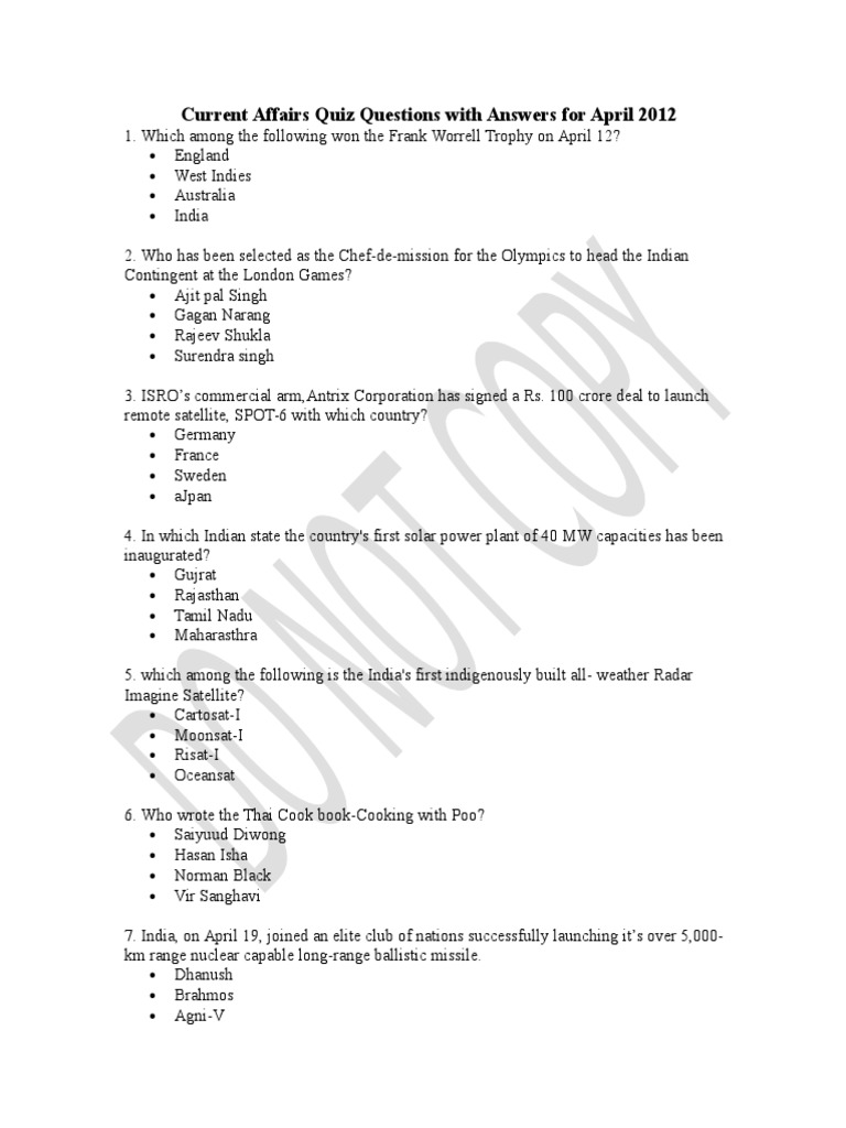 Current Affairs Quiz Questions With Answers For April 2012 | PDF ...