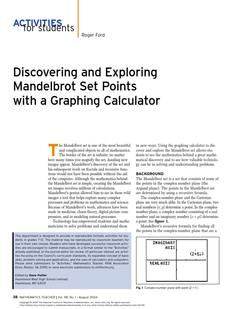 Activities For Students Discovering and Exploring Mandelbrot Set Points ...