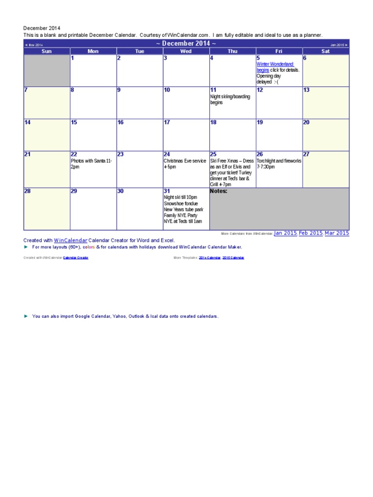 December 2014 Printable Calendar | PDF