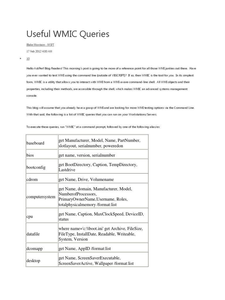 Useful WMIC Queries | PDF | Command Line Interface | Ibm Pc Compatibles