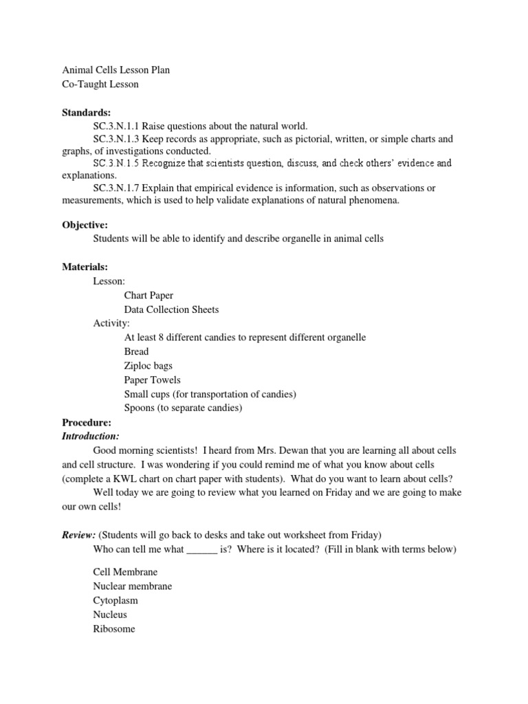 Animal Cell Lesson Plan Teaching | PDF | Eukaryotes | Cell (Biology)