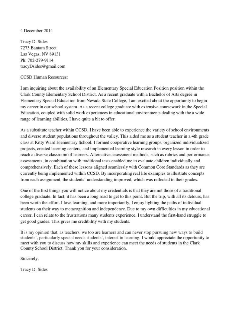 Tracy Sides Cover Letter | PDF | Special Education | Learning