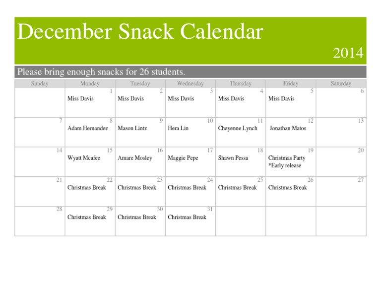 December Snack Calendar | PDF