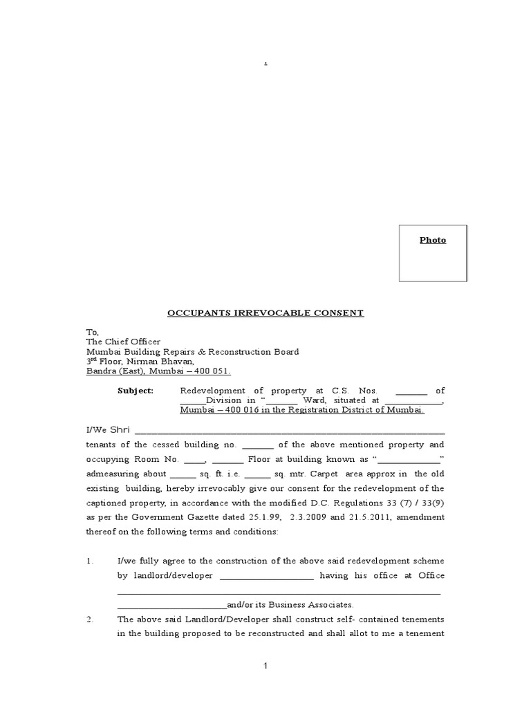 Occupants Irrevocable Consent - Blank | PDF | Tenement | Private Law