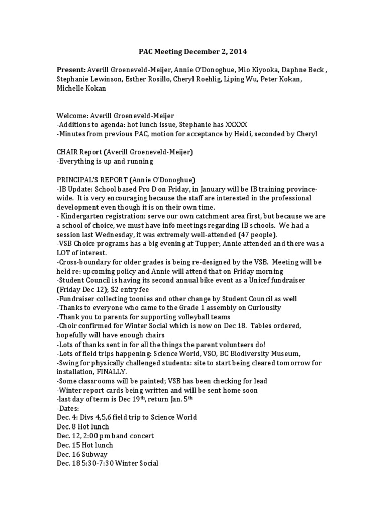 PAC Meeting Minute On December 2, 2014 | PDF | Schools | Christmas