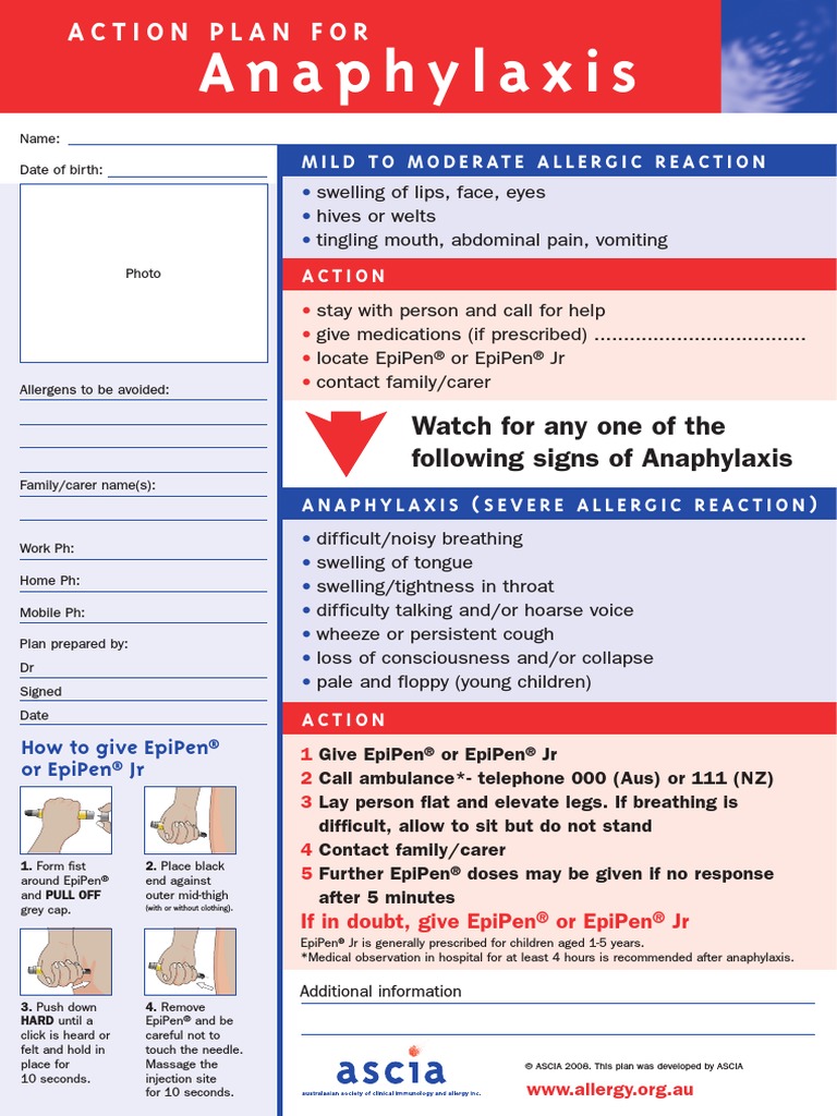 ASCIA Anaphylaxis Action Plan Guide | PDF | Wellness
