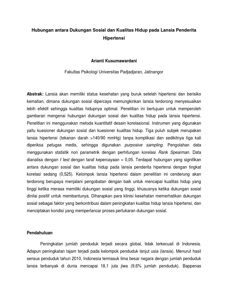 Hubungan Antara Dukungan Sosial Dan Kualitas Hidup Pada Lansia Penderita Hipertensi | PDF