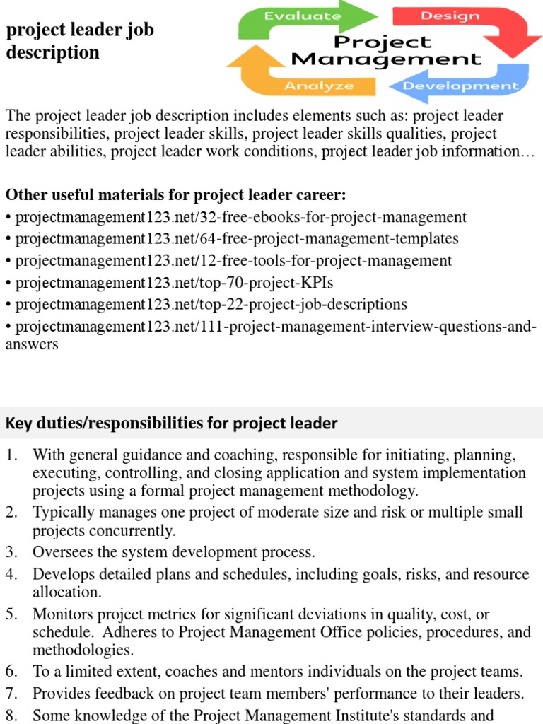 Project Leader Job Description Overview | PDF | Project Management ...