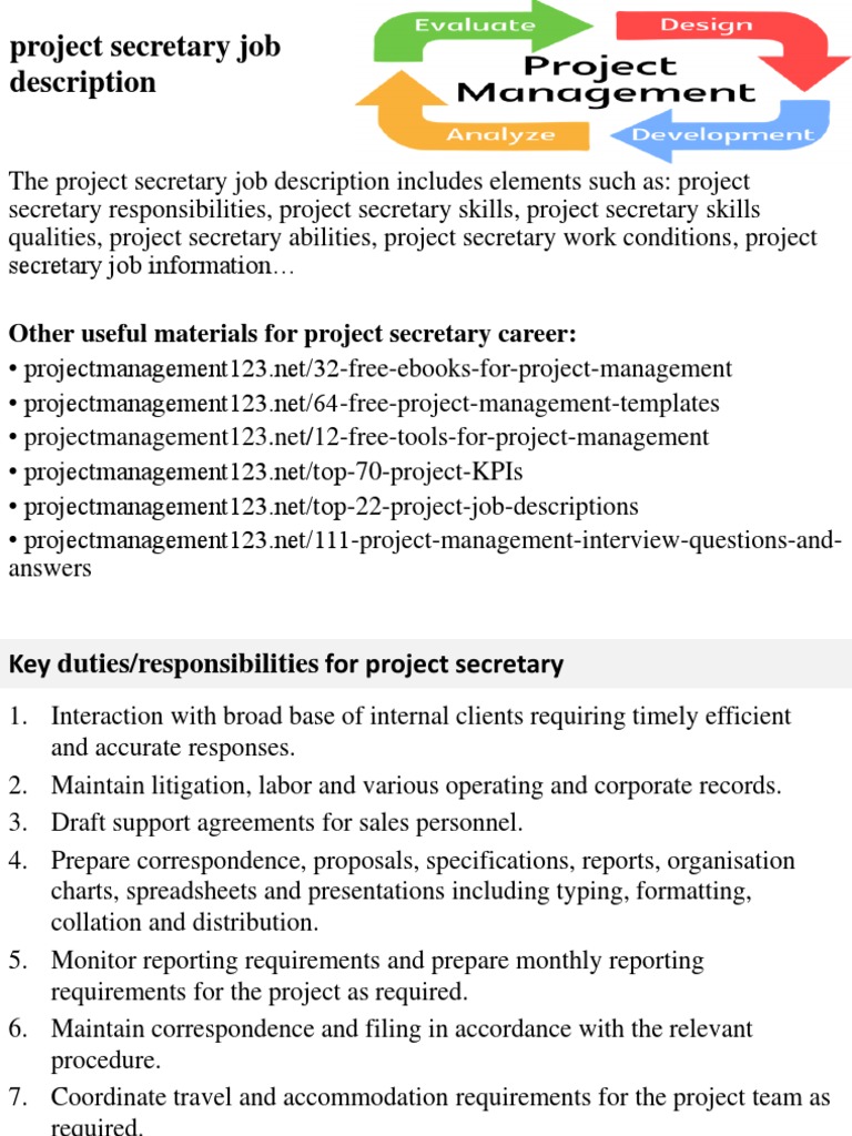 Project Secretary Job Description | PDF | Secretary | Project Management