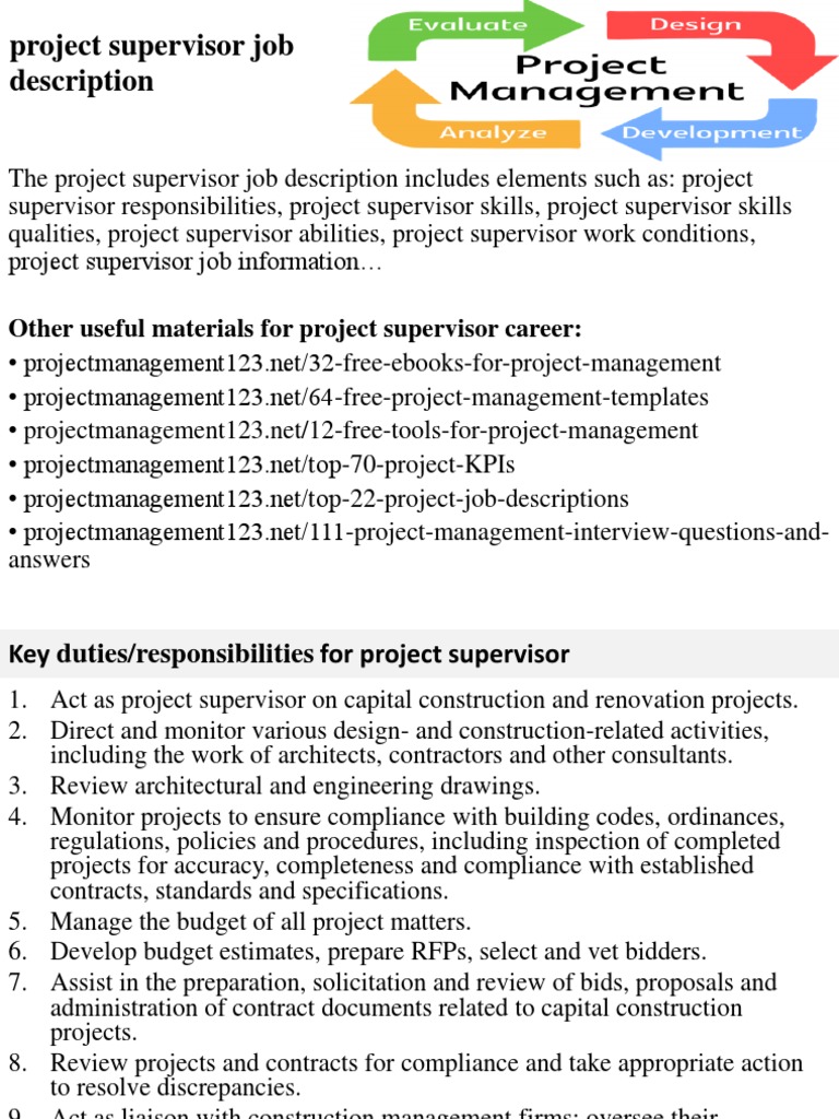 Project Supervisor Job Description | PDF | Construction Management ...