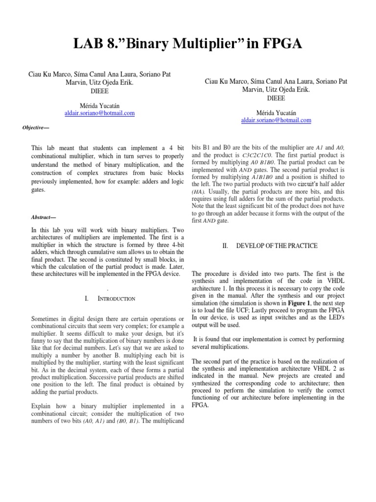 LAB 8."binary Multiplier" in FPGA | PDF | Vhdl | Field Programmable Gate Array