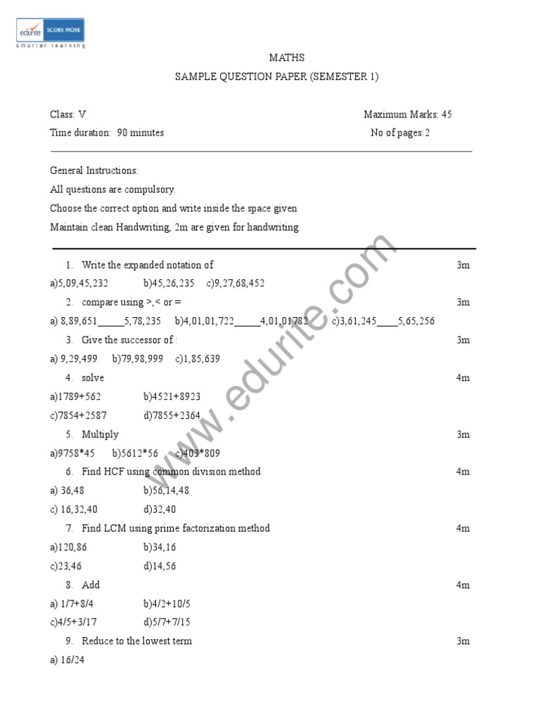 Class 5 ICSE Maths Sample Paper Term 1 Model 1 | PDF | Teaching Methods ...