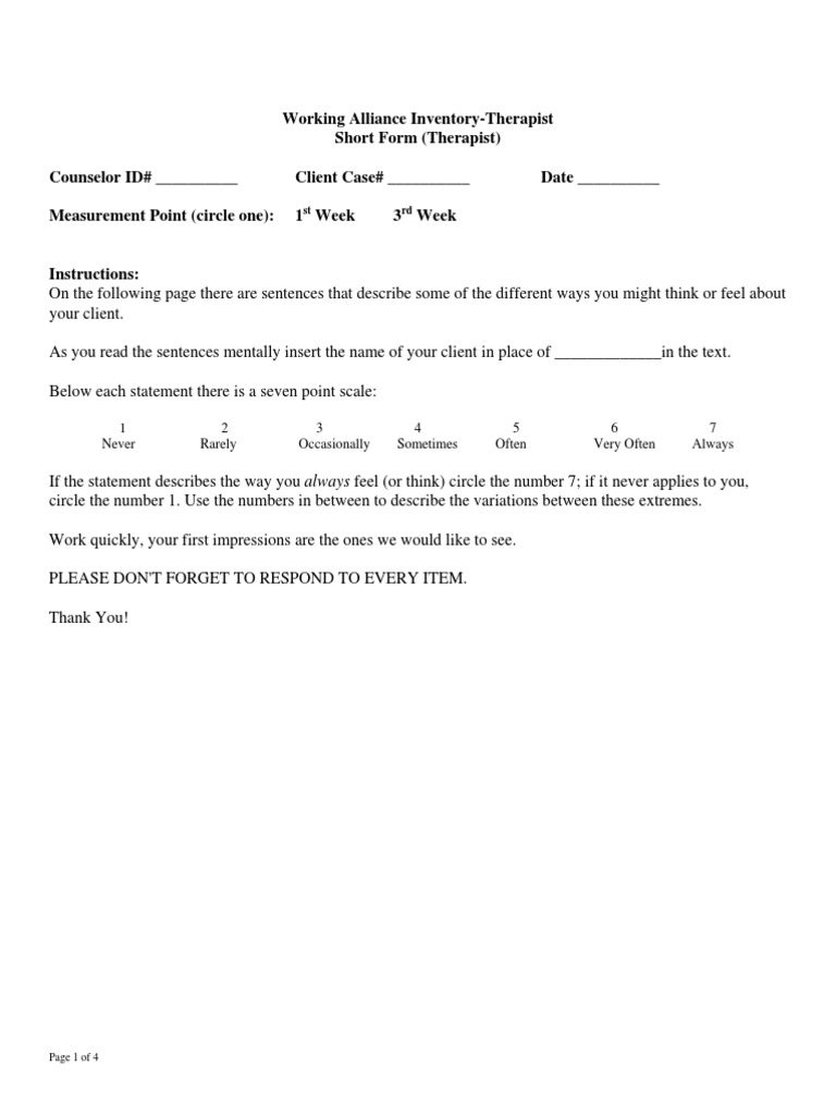 Working Alliance Inventory-Therapist Short Form (Therapist) Counselor ...