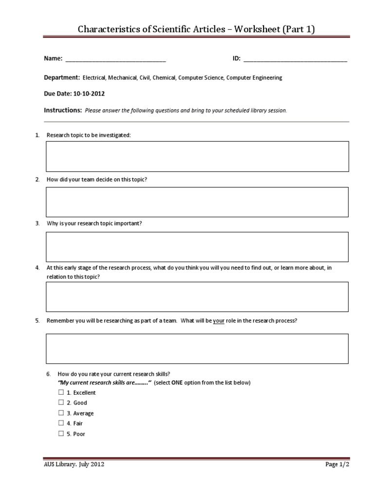 Characteristics of Scientific Articles - Worksheet (Part 1 ...