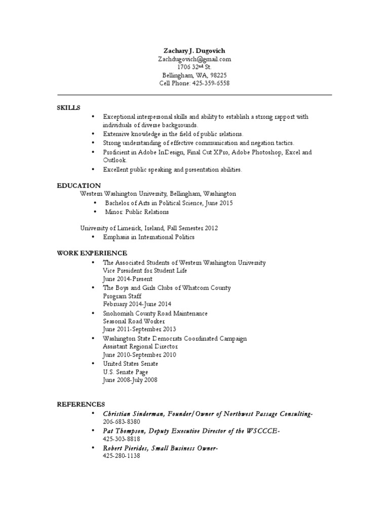 Zachary Dugovich's PR Resume | PDF