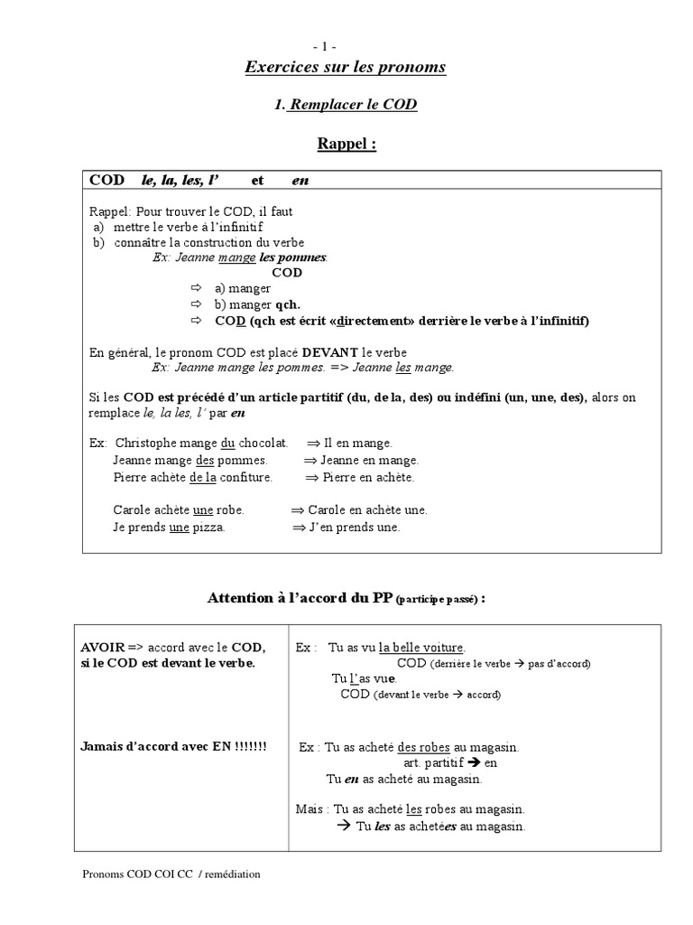 Exercices sur les pronoms COD et COI | PDF | Pronom | Verbe
