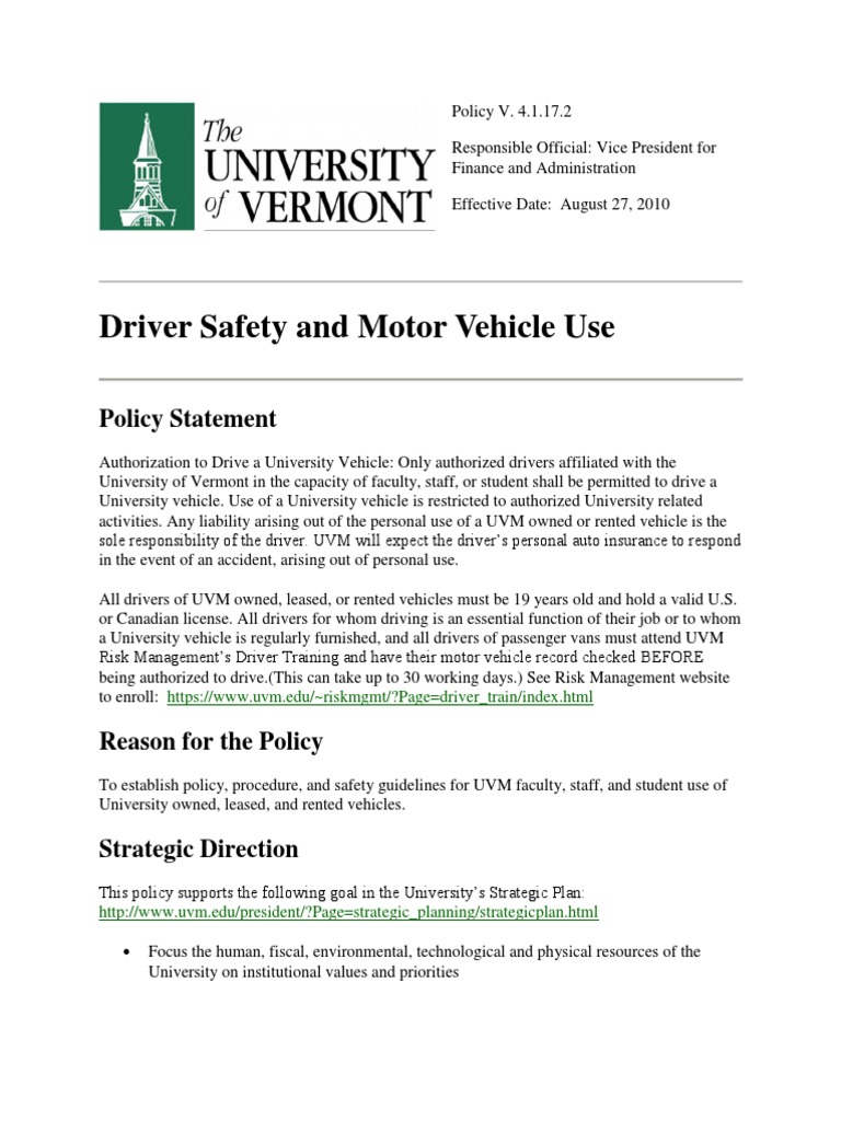 Driver Safety and Motor Vehicle Use Policy: Comprehensive Guidelines ...