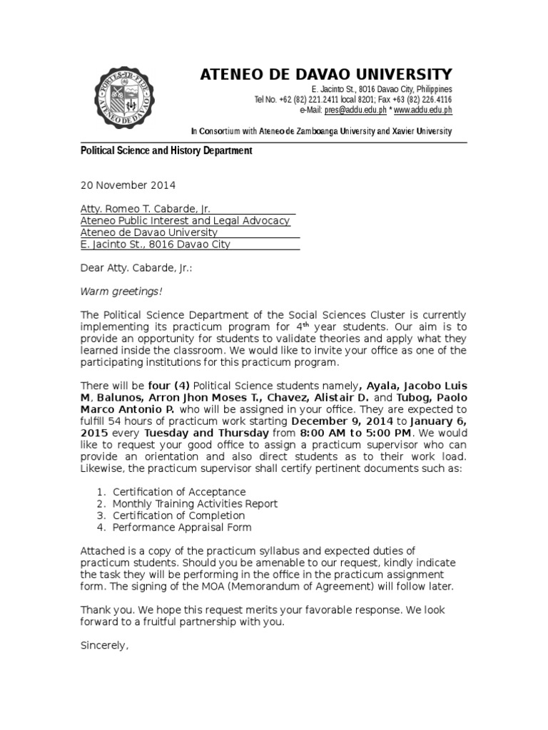 Ateneo de Davao Letter of Invitation For OJT | PDF | Teaching And ...