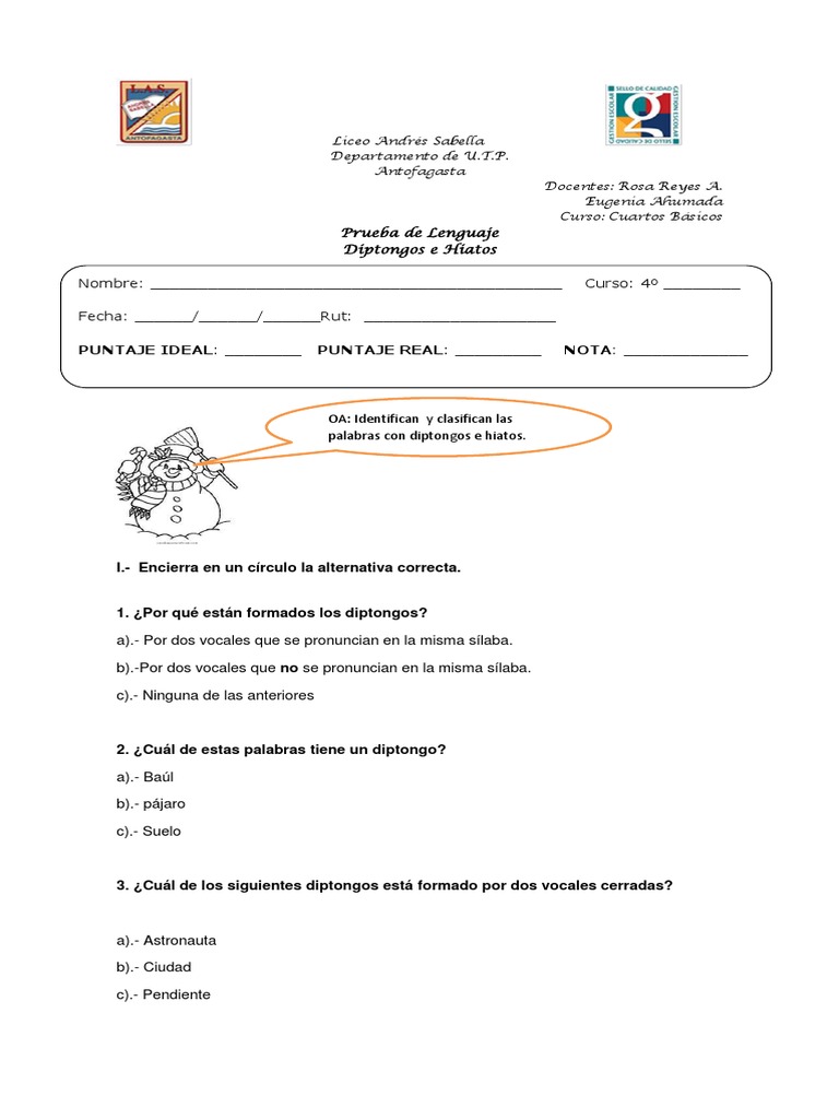 Prueba Diptongo e Hiato | PDF